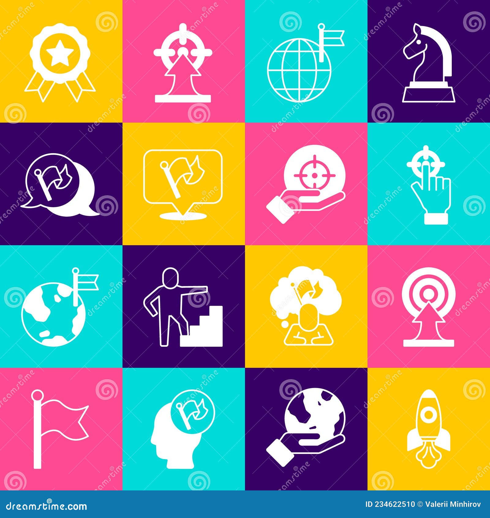 Set Rocket Ship, Target with Arrow, Planet Flag, Flag, Medal and Icon ...