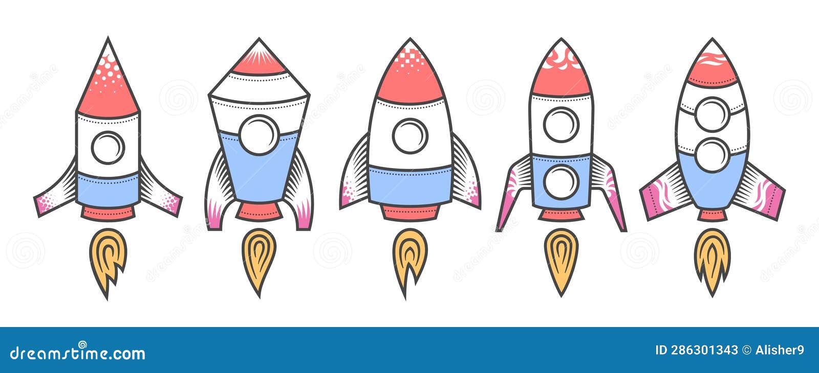 A Set of Rockets Taking Off with Flames Escaping from Nozzles in ...