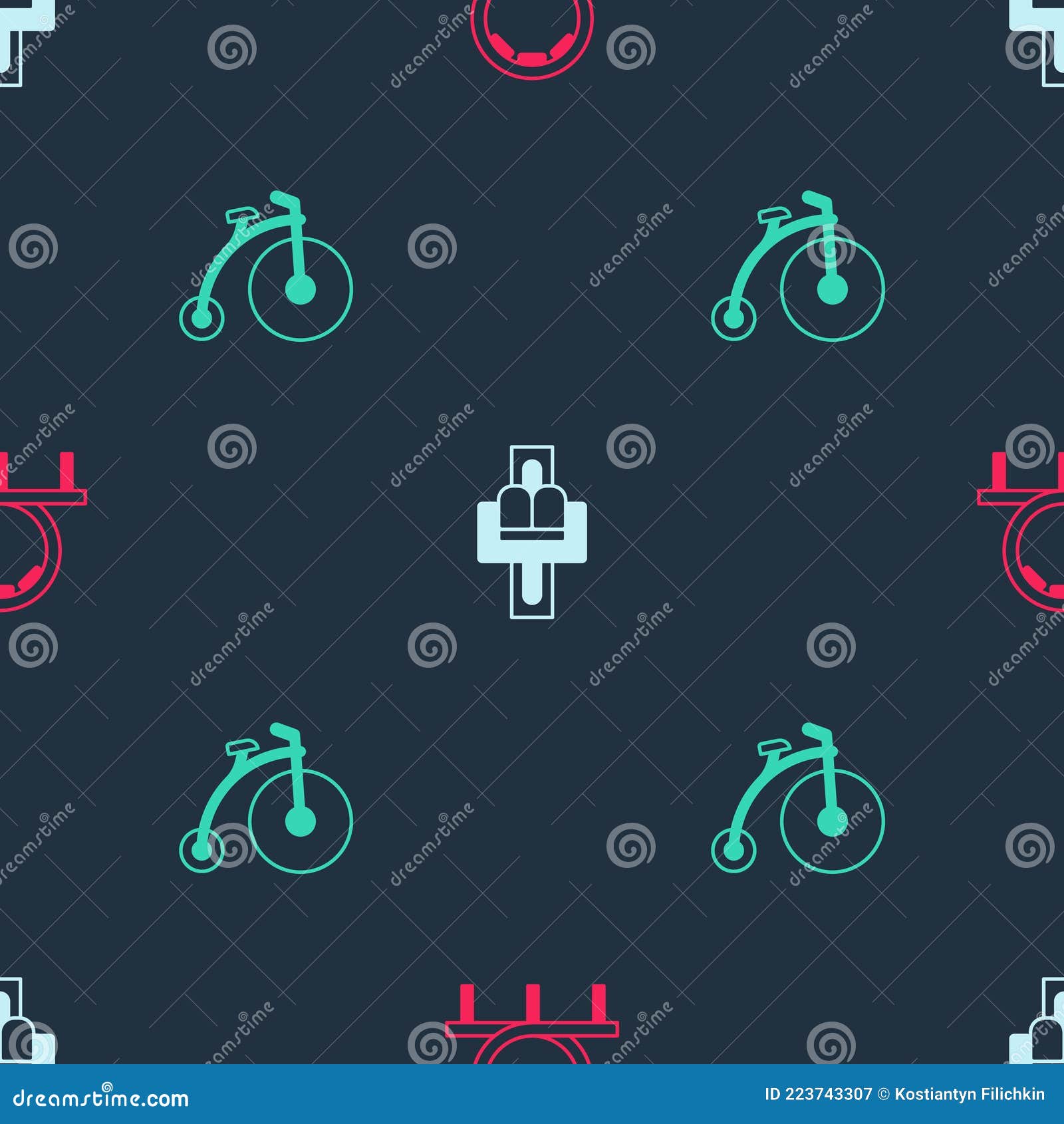 Set Roller Coaster, Attraction Carousel and Vintage Bicycle on Seamless ...