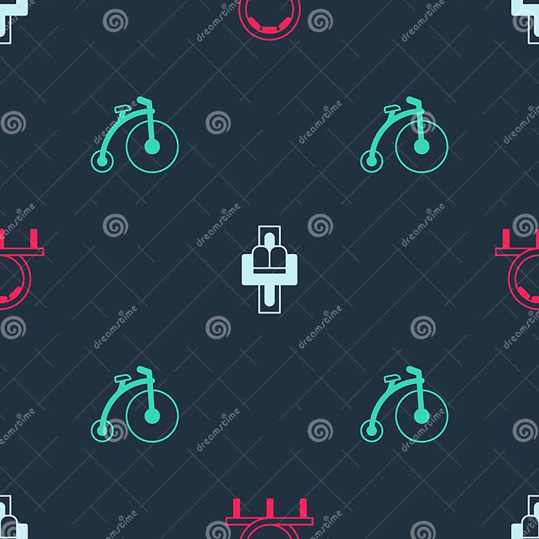 Set Roller Coaster, Attraction Carousel and Vintage Bicycle on Seamless ...