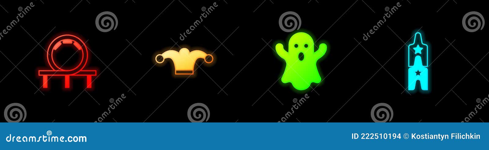 Set Roller Coaster, Jester Hat with Bells, Ghost and Circus Ticket Icon ...