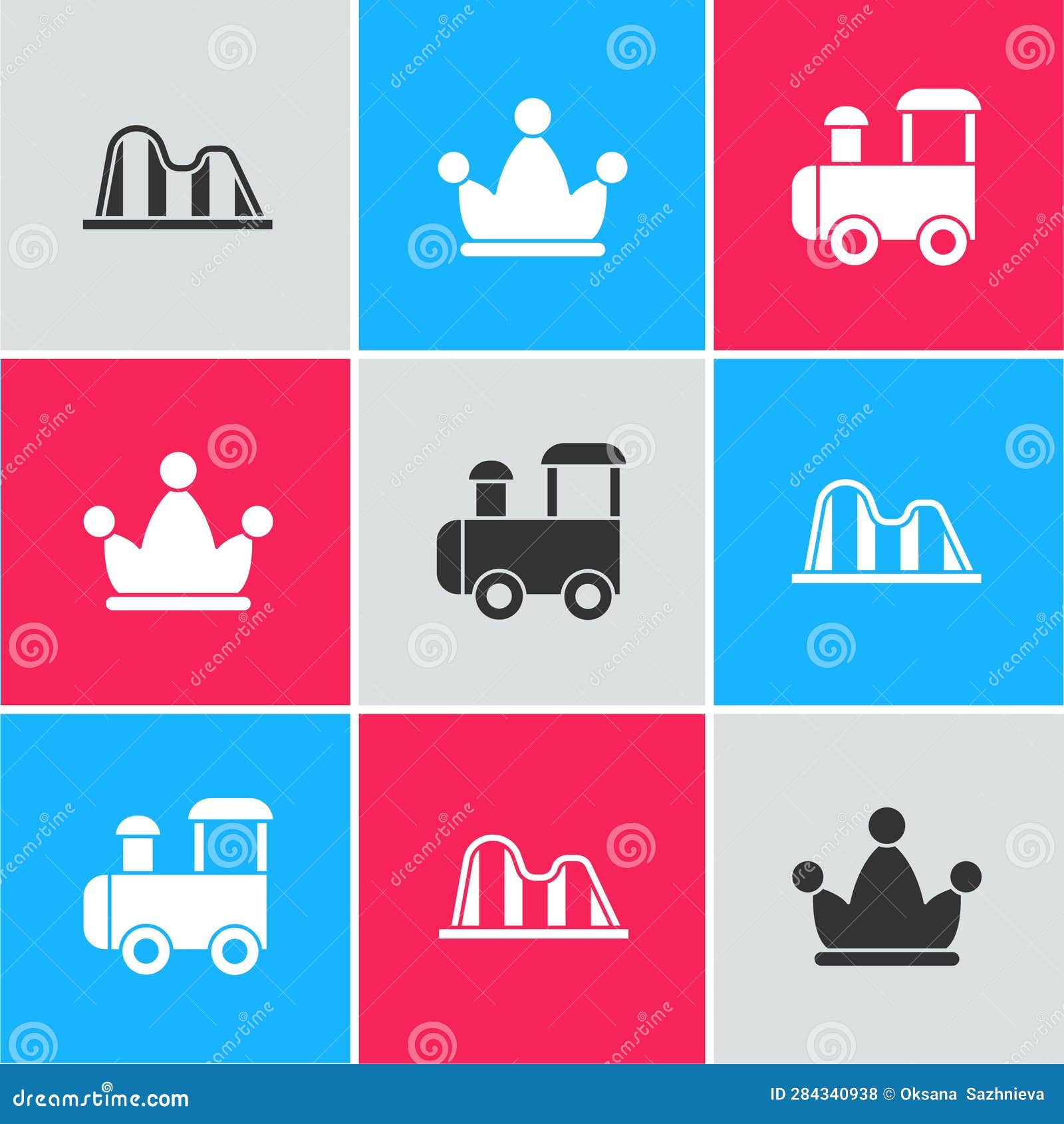 Set Roller Coaster, Jester Hat with Bells and Toy Train Icon. Vector ...