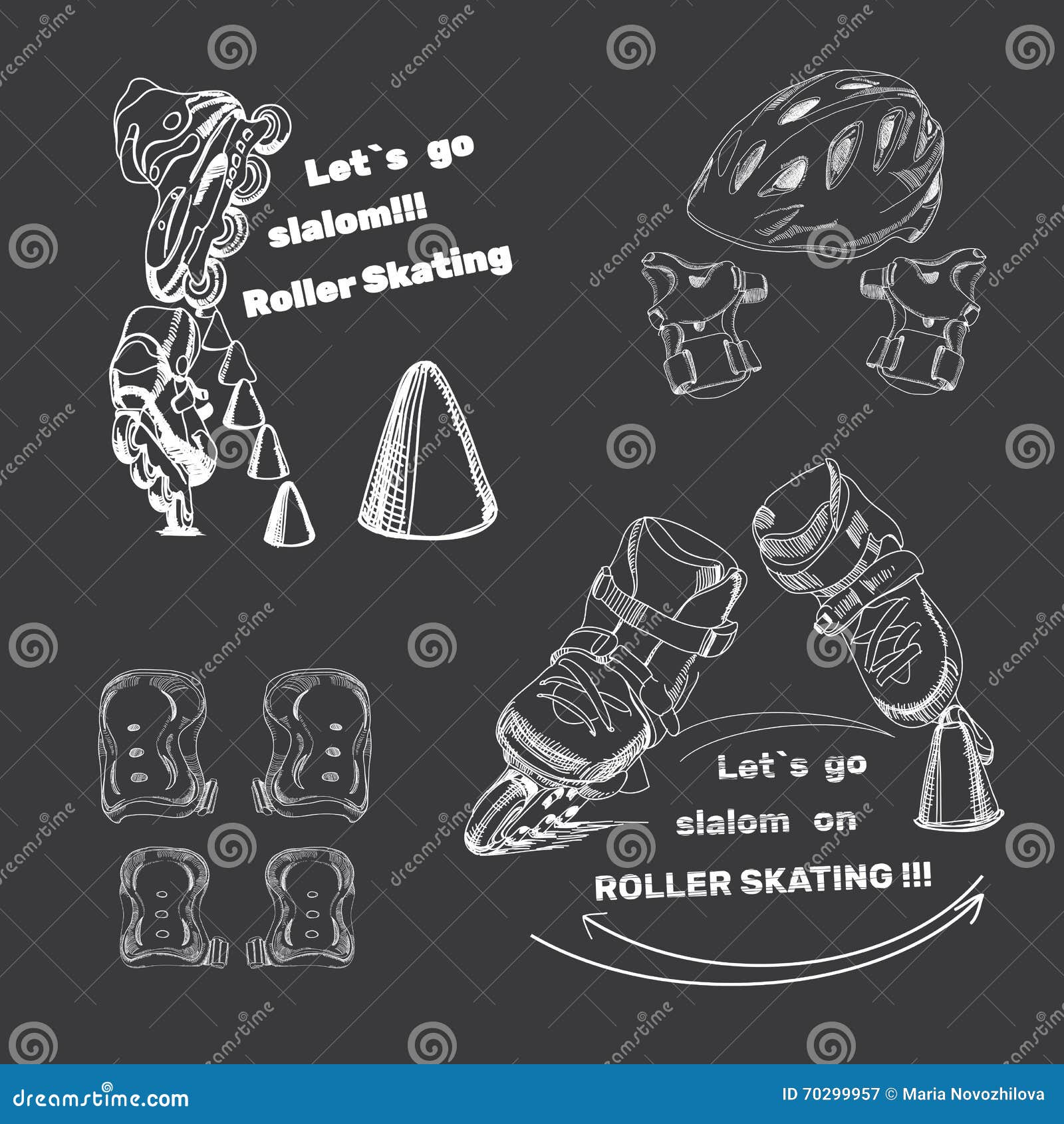 Set for Roller Skates with Text. Logo Hand Drawn Eleme Stock Vector ...