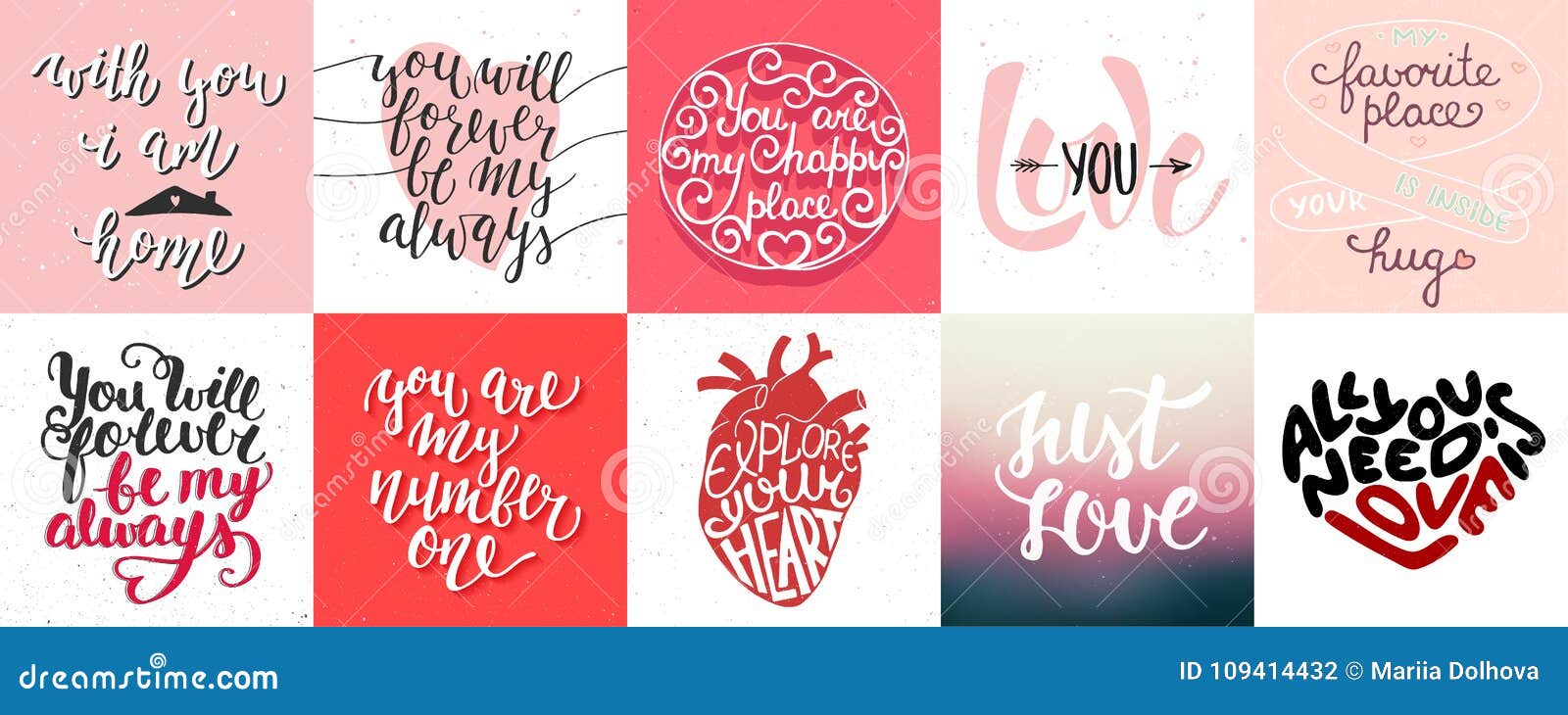 Set of Romantic and Love Vector Hand Drawn Unique Typography Stock ...