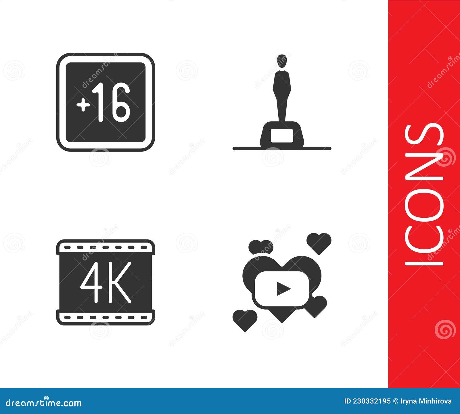 Set Romantic Movie, Plus 16, 4k and Movie Trophy Icon. Vector Stock ...