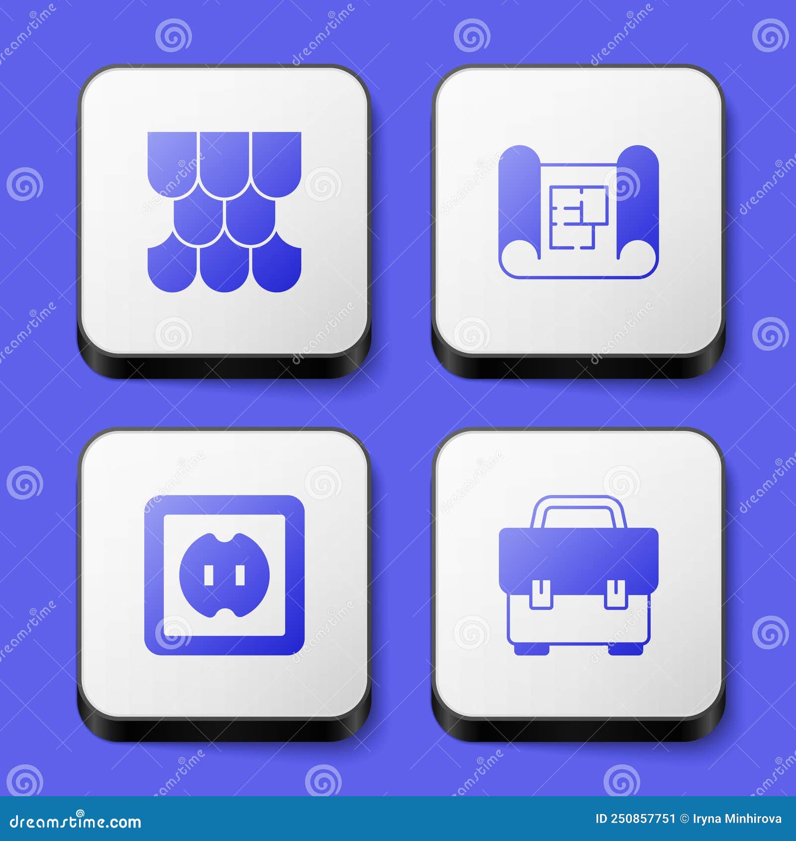 Set Roof Tile, House Plan, Electrical Outlet and Toolbox Icon. White ...