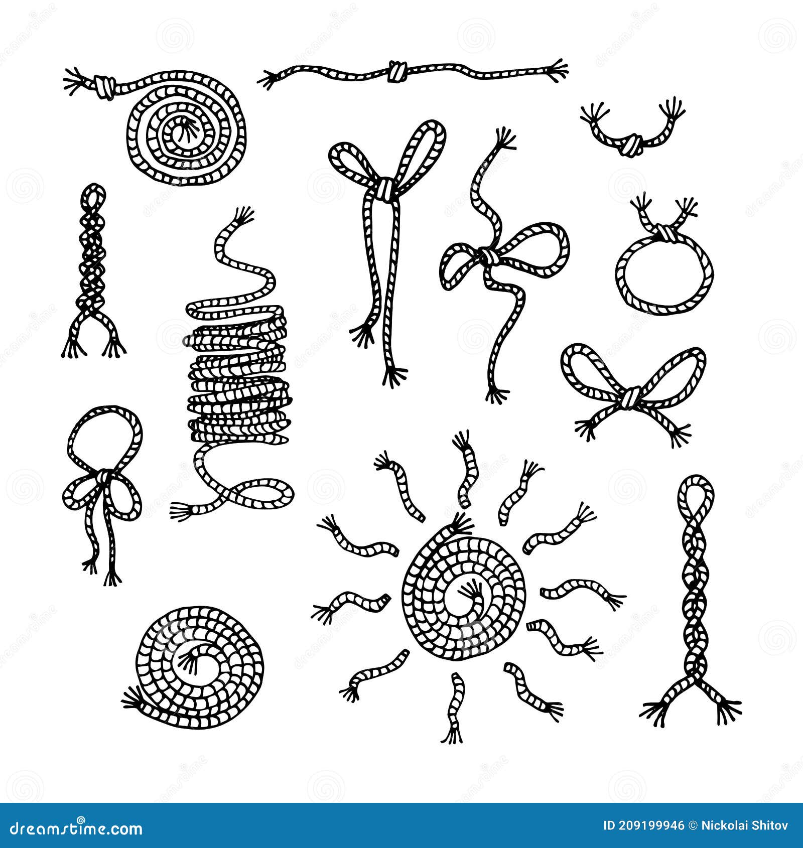 Set of Rope Decorative Elements Knot Bows Bundle Plait Loop Black Ink ...