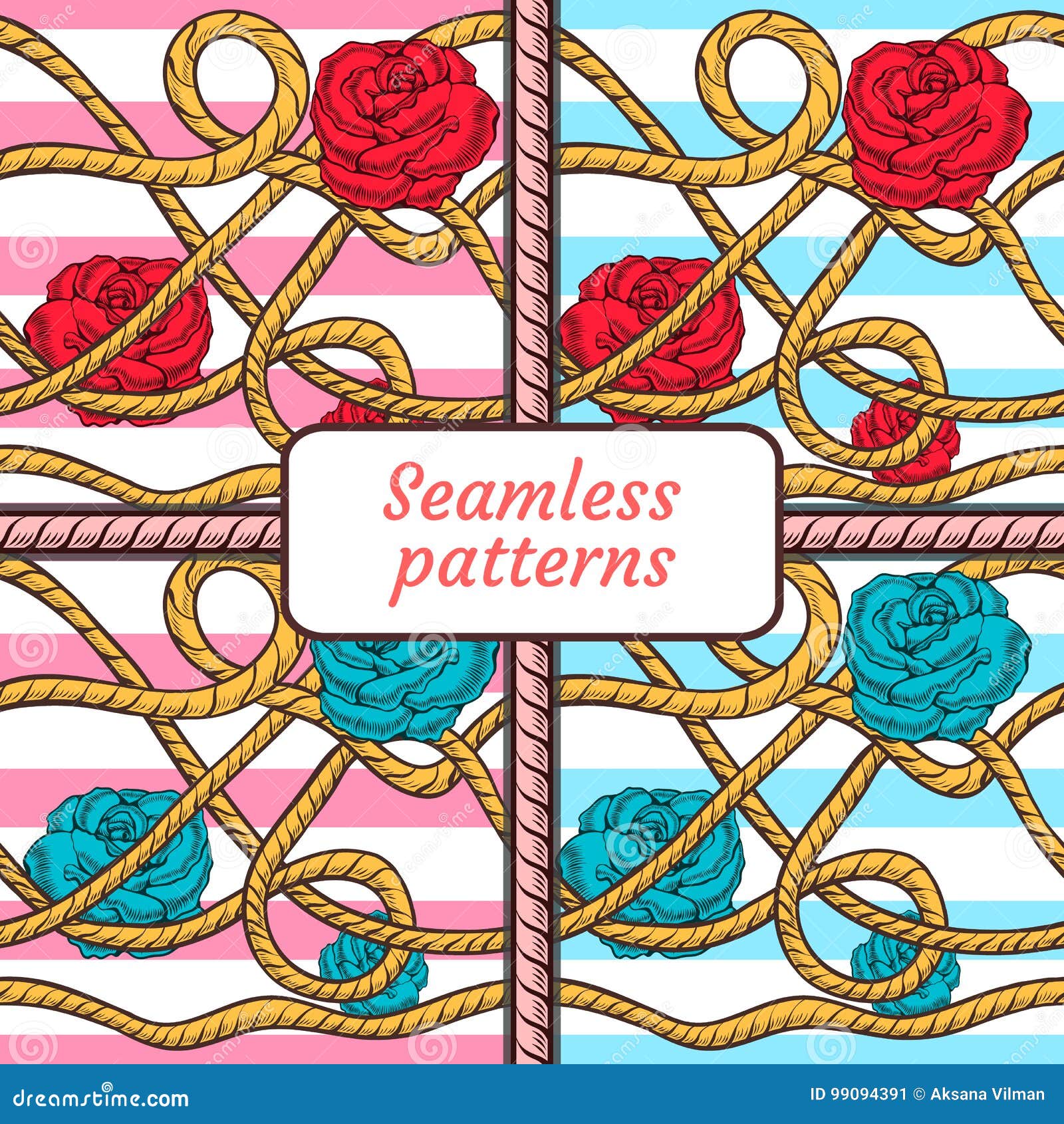 Rope and Flowers. Four Patterns Stock Vector - Illustration of border ...