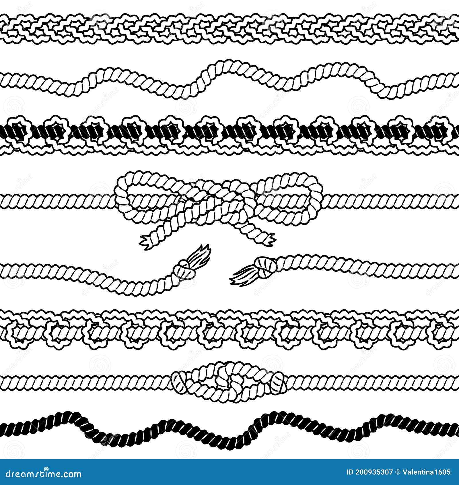Set of Rope Seamless Borders. Black and White Vector Illustration Stock ...