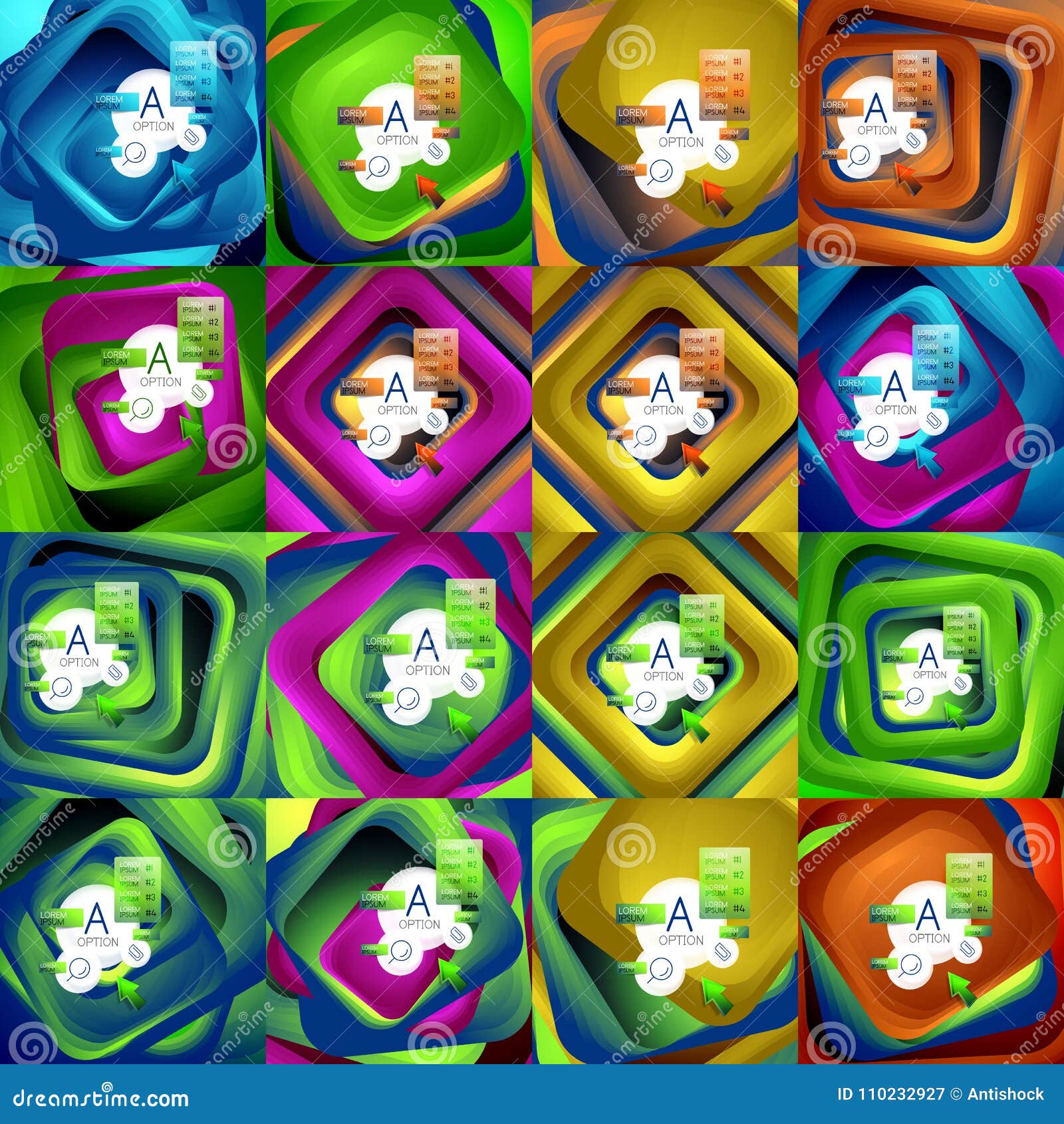 Set Of Rotating Swirl Square Backgrounds, Color Rectangles With ...