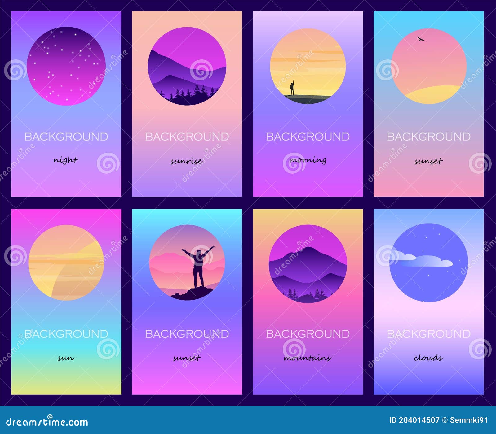 Set of Round Abstract Icons with a Natural Landscape on a Gradient ...