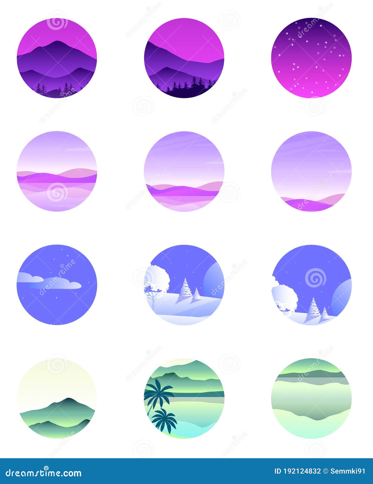 Set of Round Abstract Icons with a Natural Landscape.Vector ...