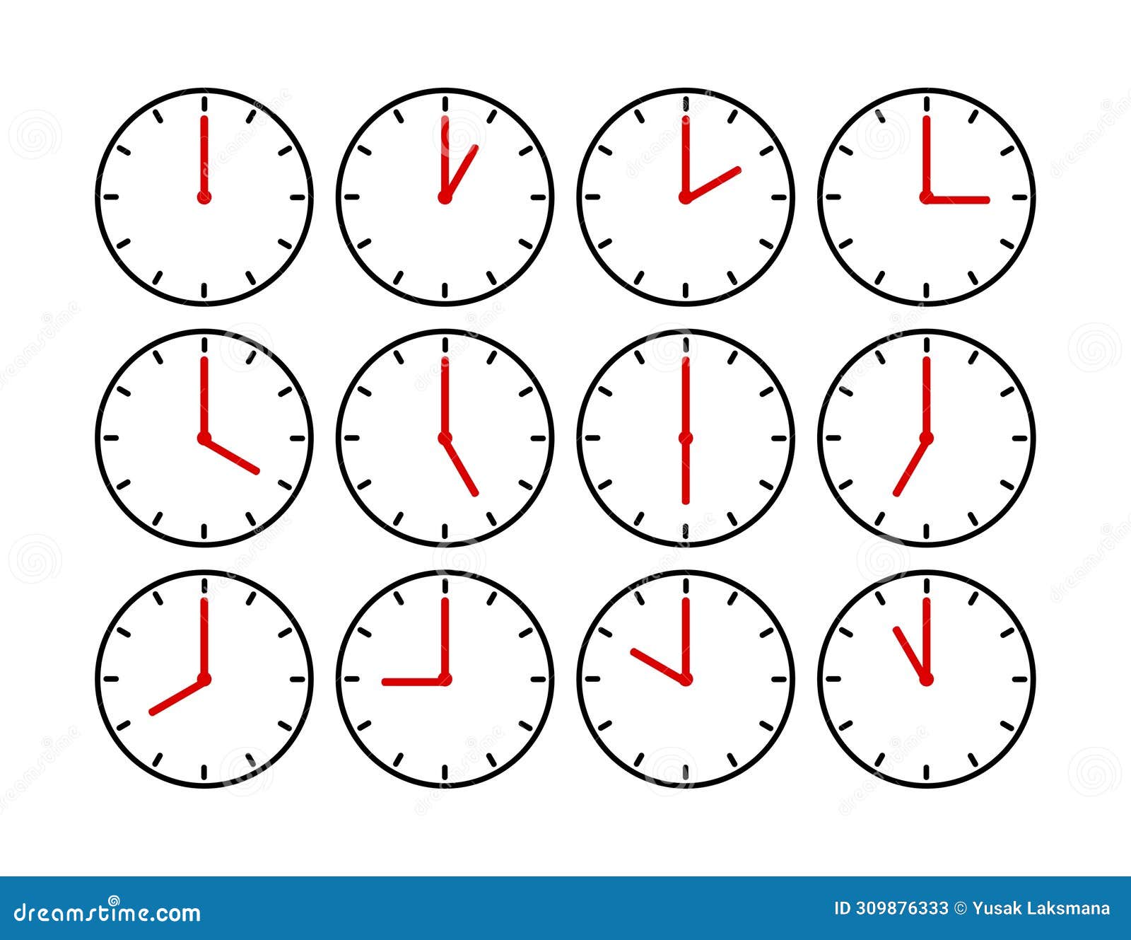 Set of Round Clocks Showing Various Time with Rounded and Red Arrow ...