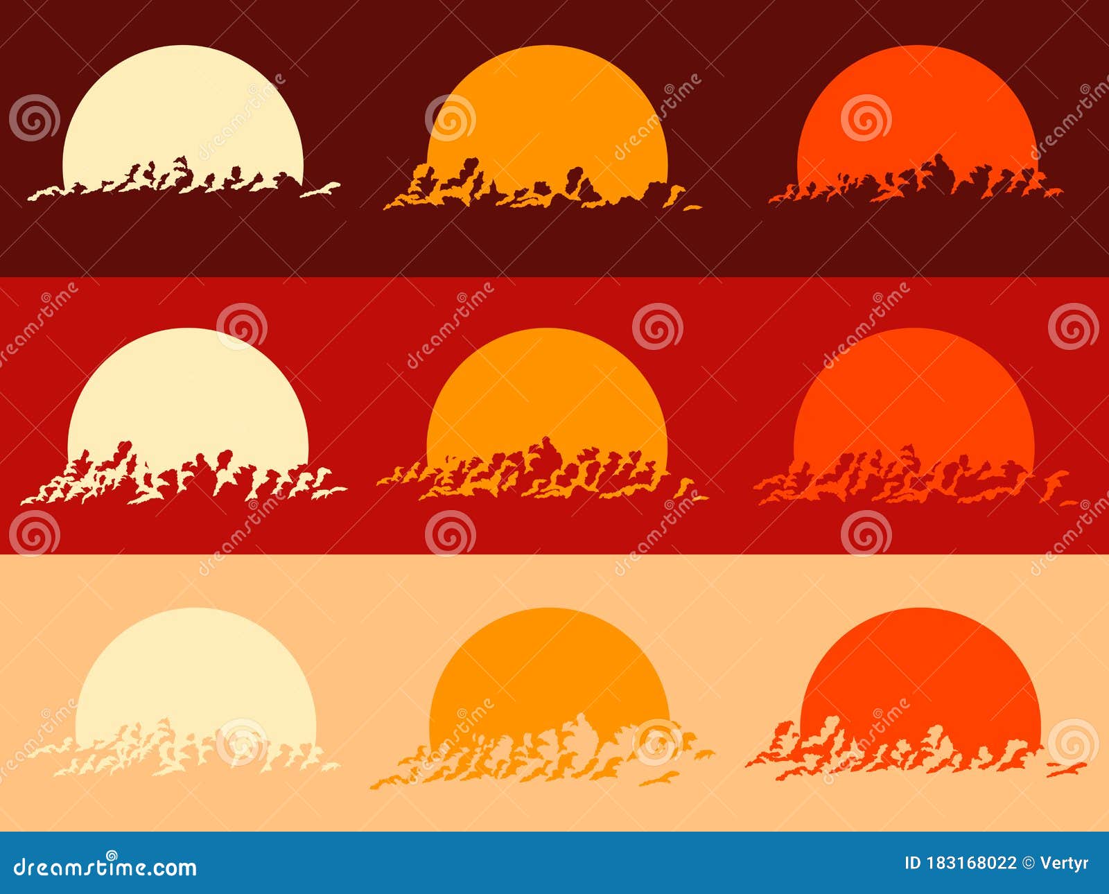 Set of Round Emblems of Silhouettes Sun Behind Clouds. Stock Vector ...