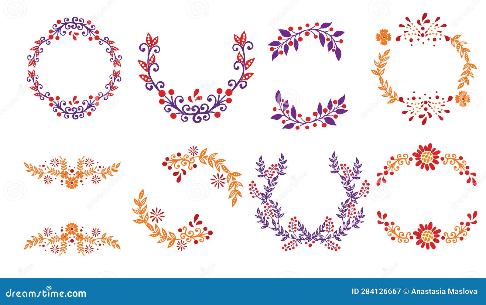 Set of Round Frame with Abstract Floral Elements Laurel Ring Vector ...