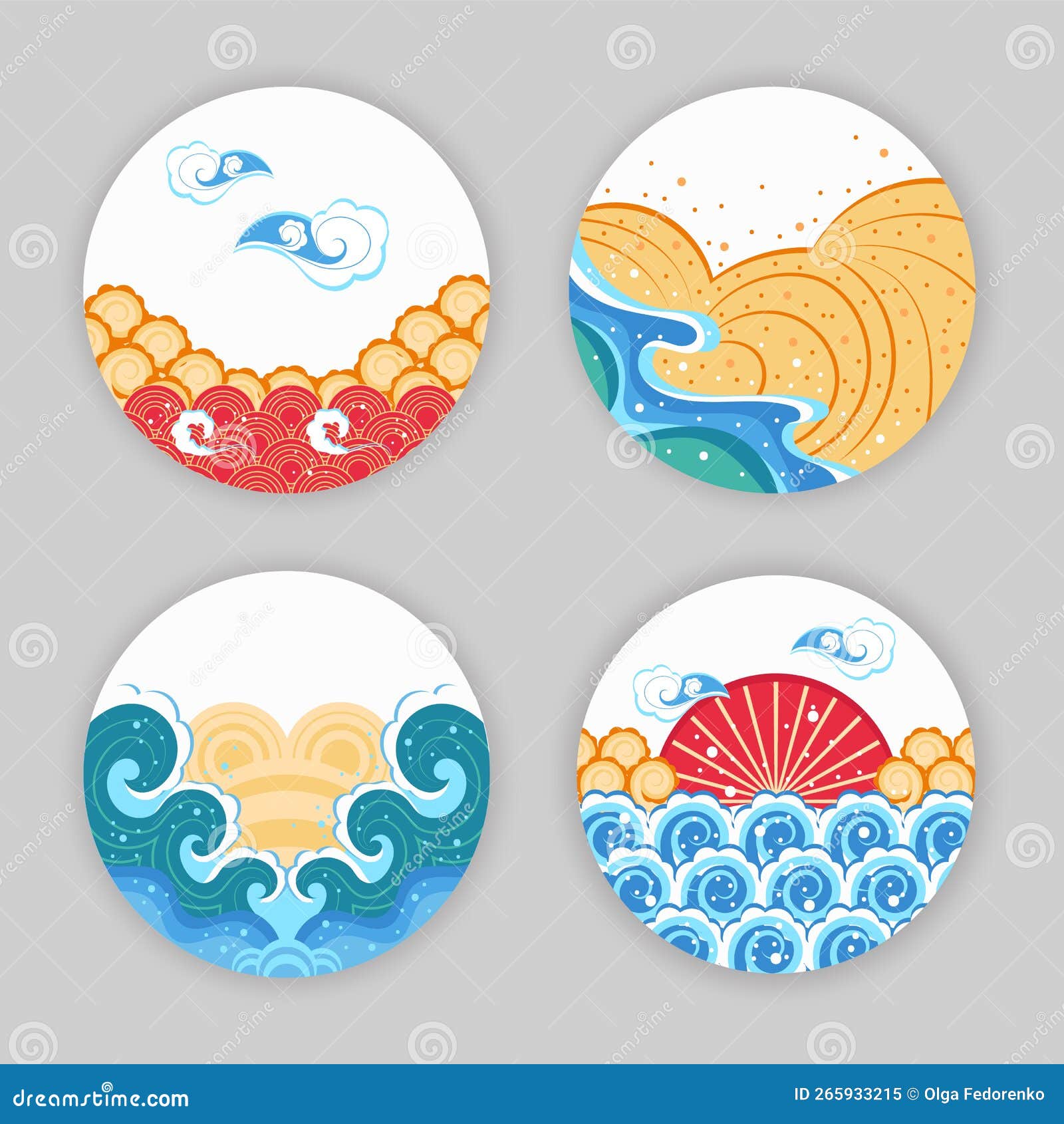 Set of Round Banner Frame Templates with Traditional Chinese Waves ...