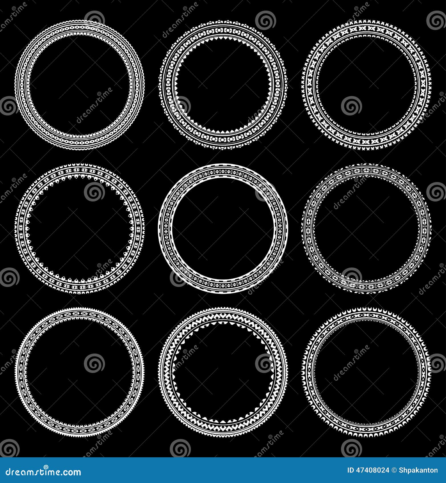 Set of 9 Round Frames on Black Background Stock Vector - Illustration ...