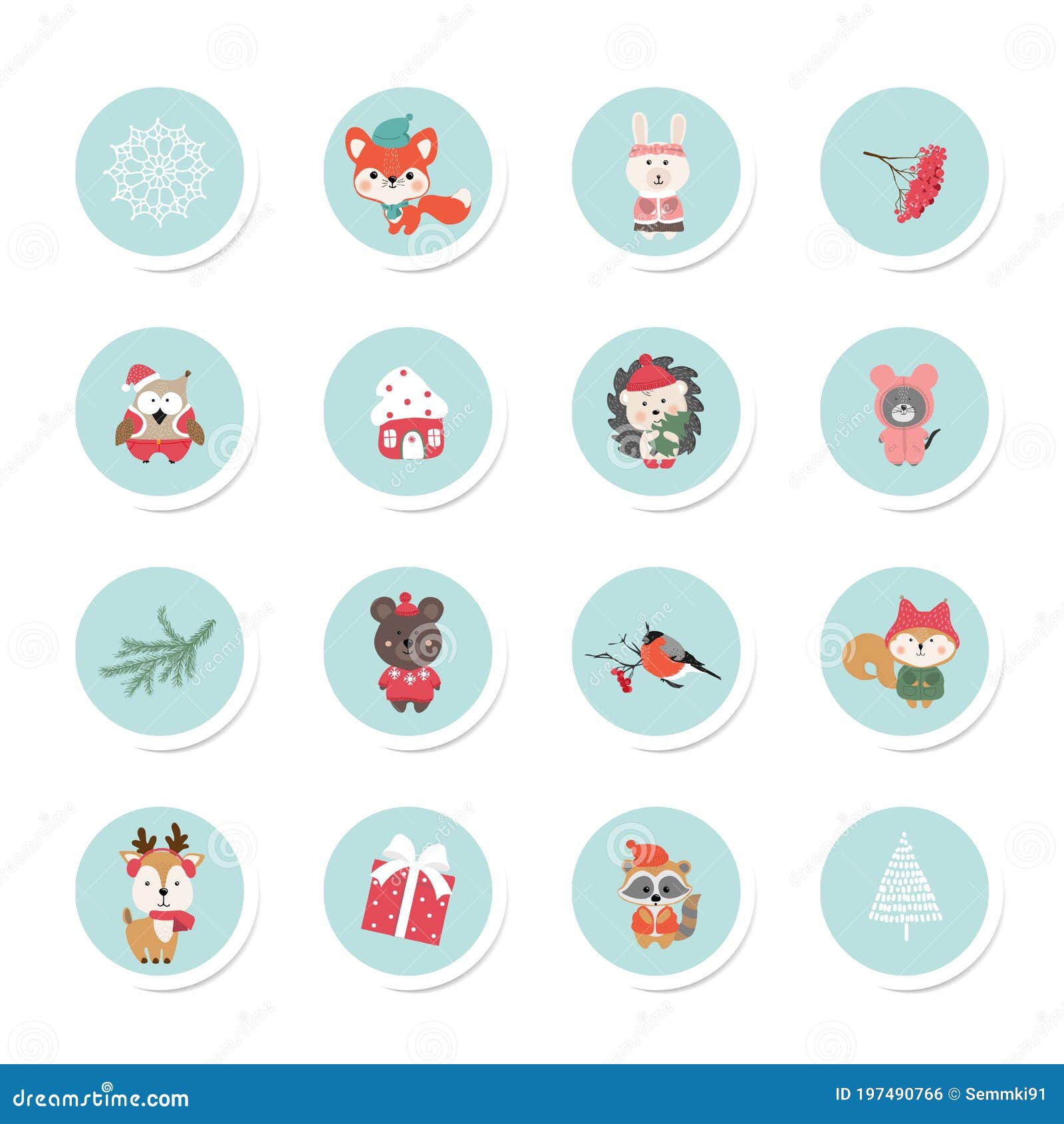 A Set of Round Icons with a Christmas Theme with Forest Animals.Vector ...