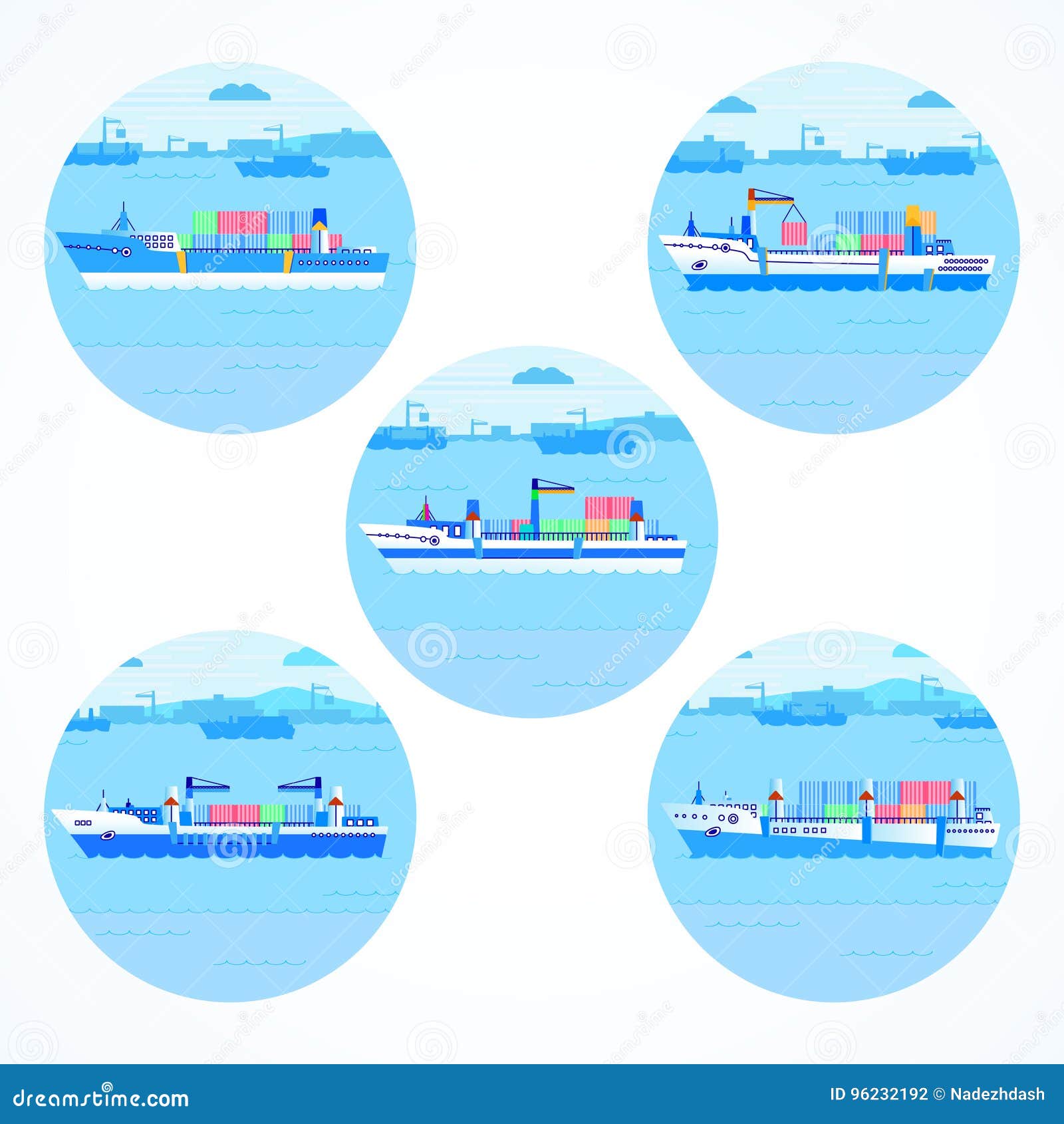 Set of Round Icons with Container Ships. Stock Vector - Illustration of ...