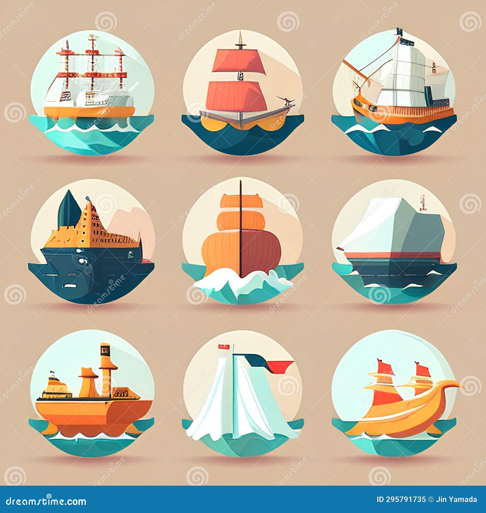 Set of Round Icons with Sailboats and Ships. Vector Illustration Stock ...