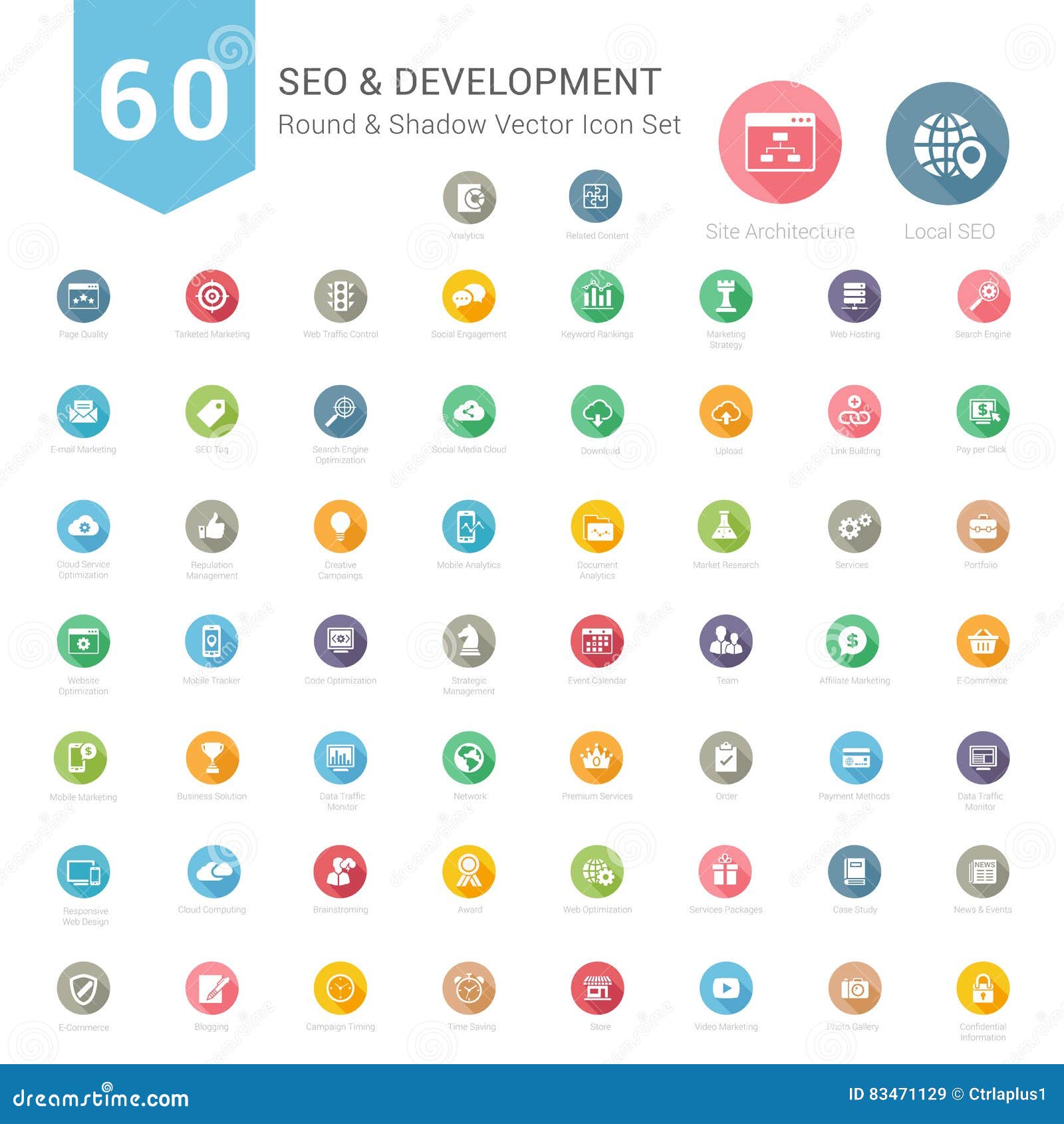 Set of Round Long Shadow SEO and Development Icons Editorial Stock ...