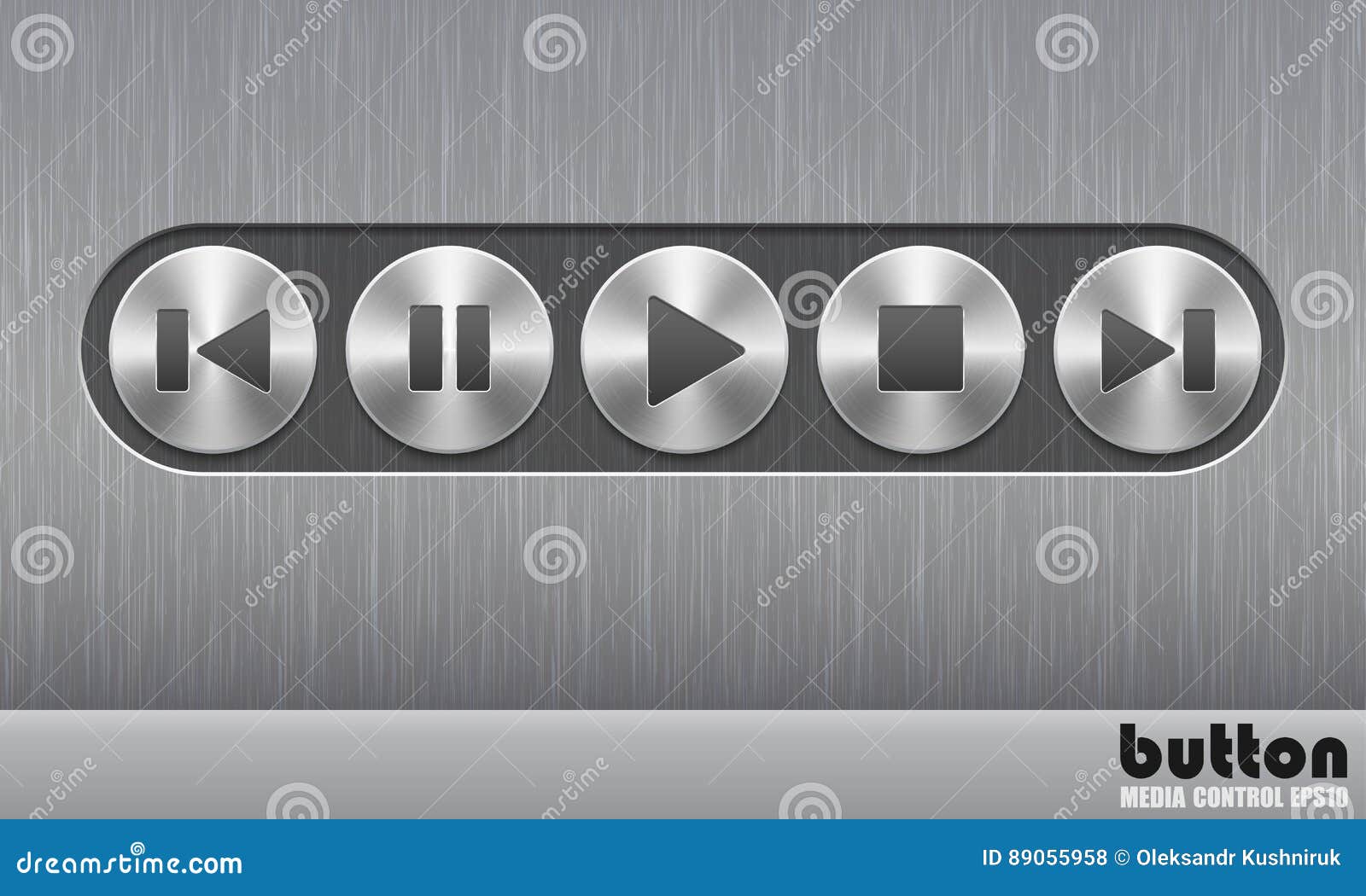 Set of Round Metal Button with Brushed Texture and Basic Audio Symbols ...