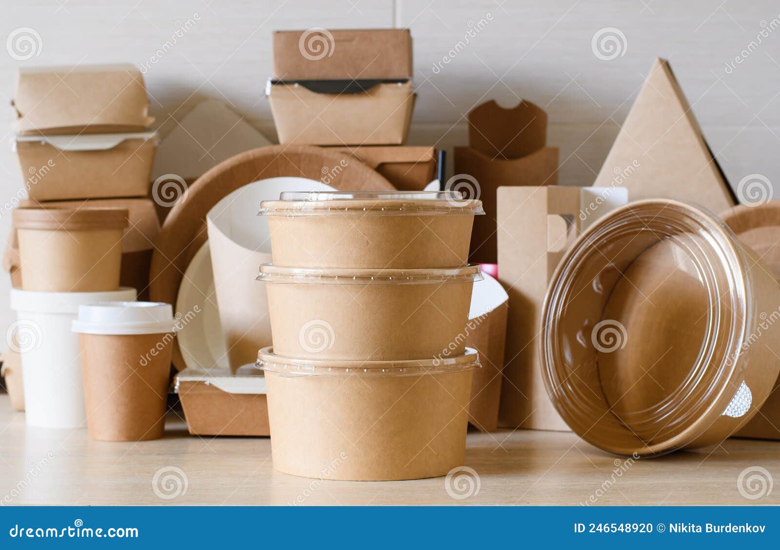A Set of Round Paper Containers for Food on the Background of Paper ...