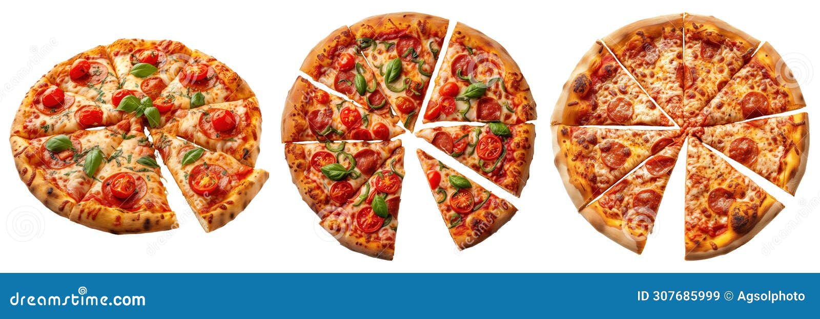 Set of Round Pizzas Cut into Triangular Pieces Folded in a Circle ...