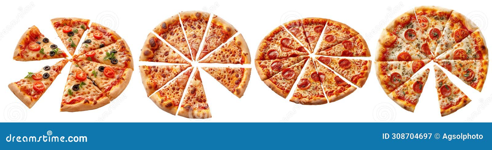 Set of Round Pizzas Cut into Triangular Pieces Folded in a Circle ...