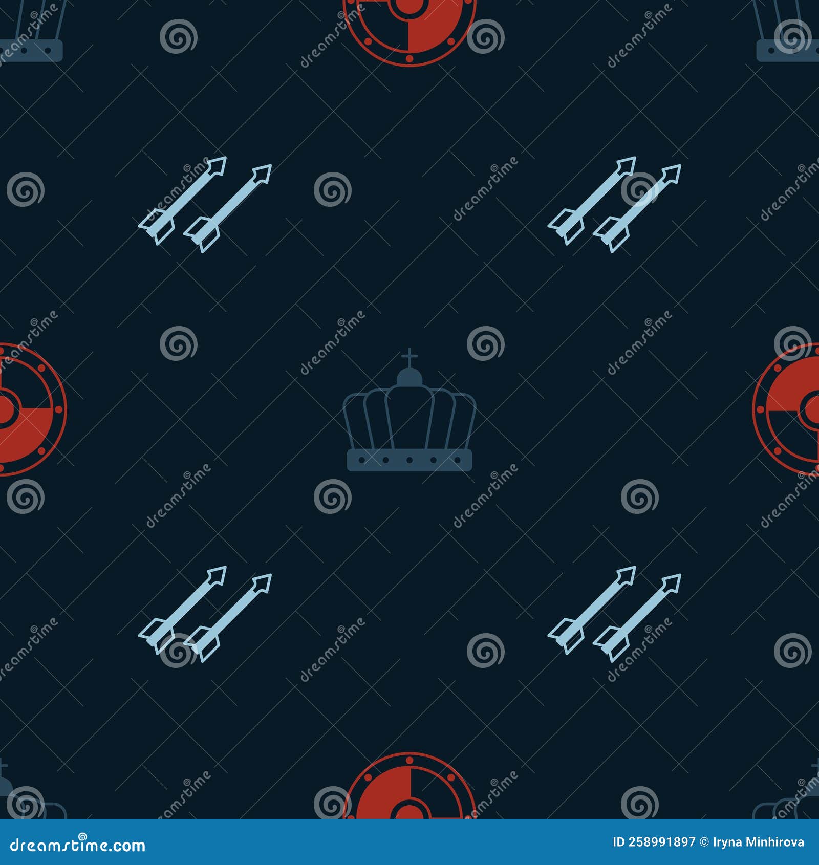 Set Round Shield, King Crown and Medieval Arrows on Seamless Pattern ...