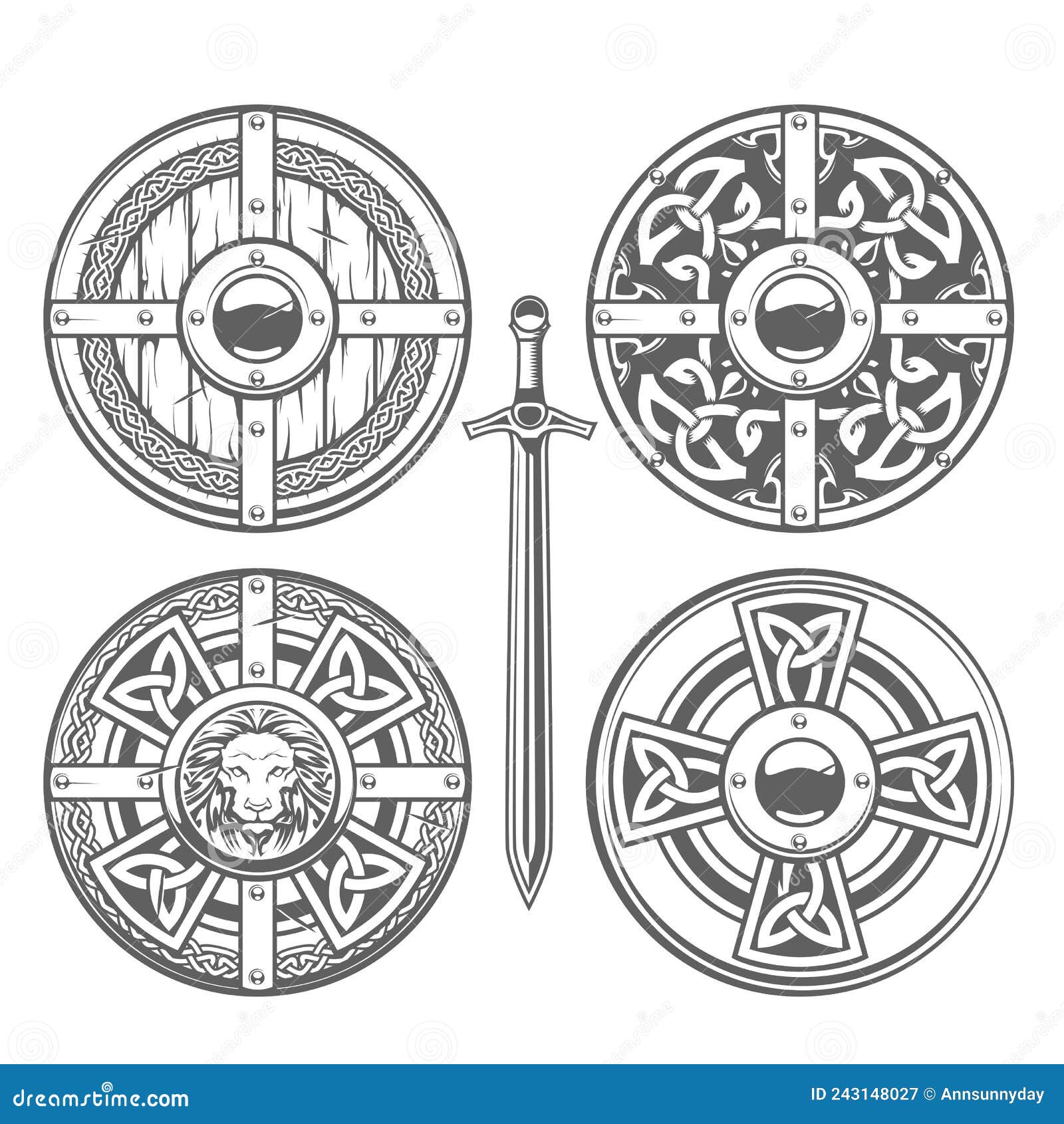 Set of Round Shields with Celtic Pattern and Medieval Ornaments, Knight ...