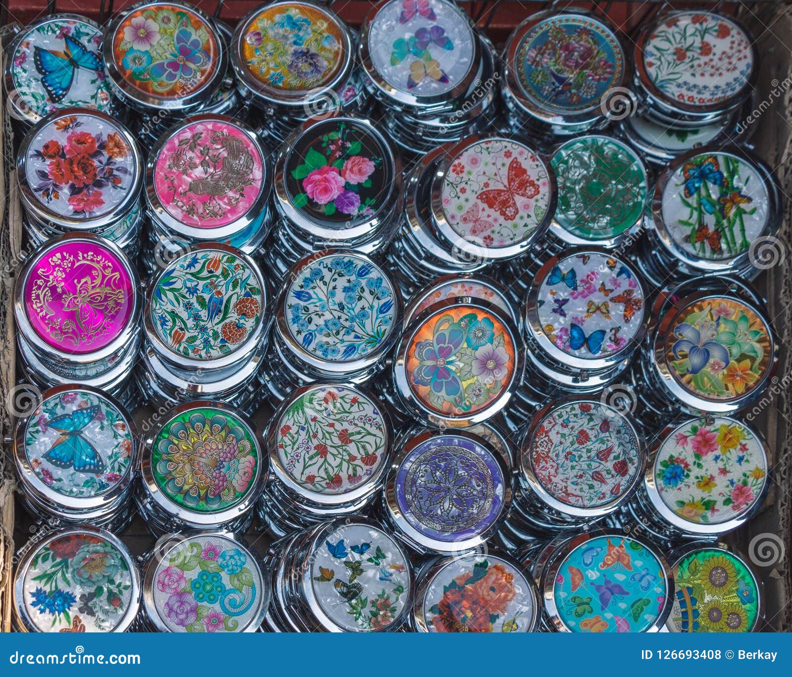 Set of Round Vintage Pocket Mirrors with Pattern Stock Photo - Image of ...