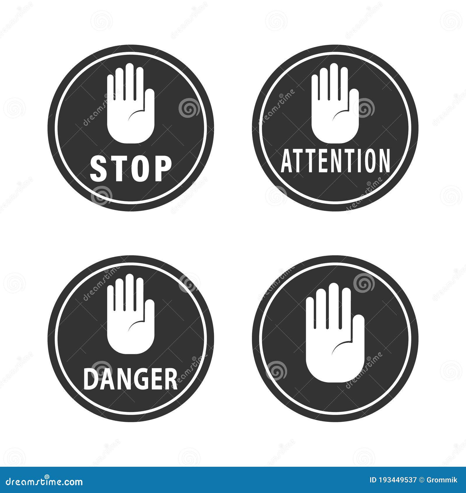 Set of Round Warning Signs with Raised Open Palm and Inscriptions ...