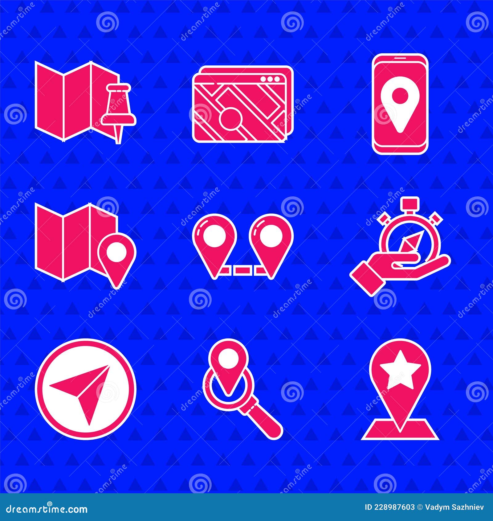 Set Route Location, Search, Map Pointer with Star, Compass, Infographic ... Set Route Location, Search, Map Pointer with Star, Compass, Infographic ...