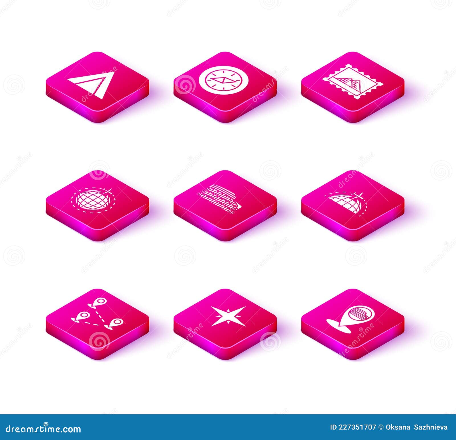 Set Route Location, Wind Rose, Globe with Flying Plane, Coliseum Rome ...