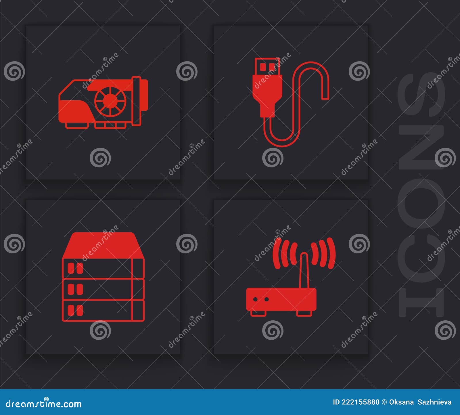 Set Router and Wi-fi Signal, Video Graphic Card, USB Cable Cord and Server, Data, Web Hosting ...