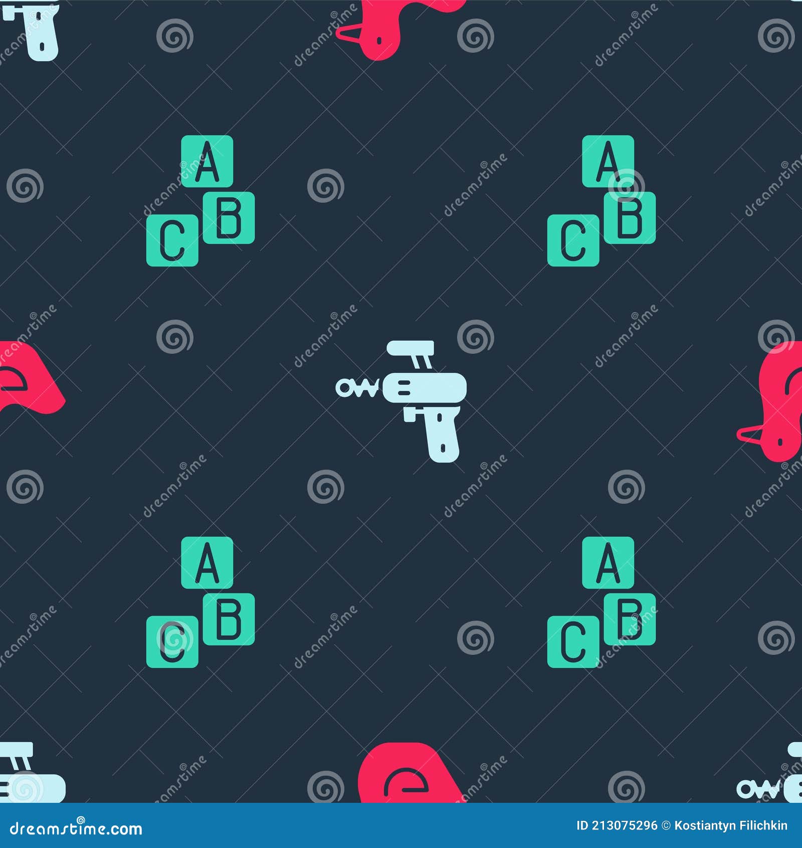 Set Rubber Duck, Ray Gun and ABC Blocks on Seamless Pattern. Vector ...