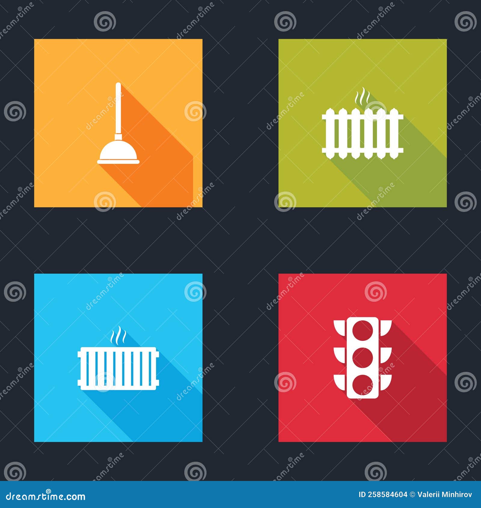 Set Rubber Plunger, Heating Radiator, and Traffic Light Icon. Vector ...