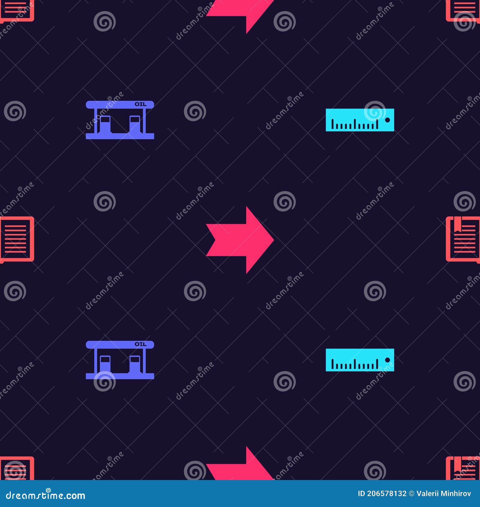 Set Ruler, Gas Filling Station, Arrow and Open Book on Seamless Pattern ...