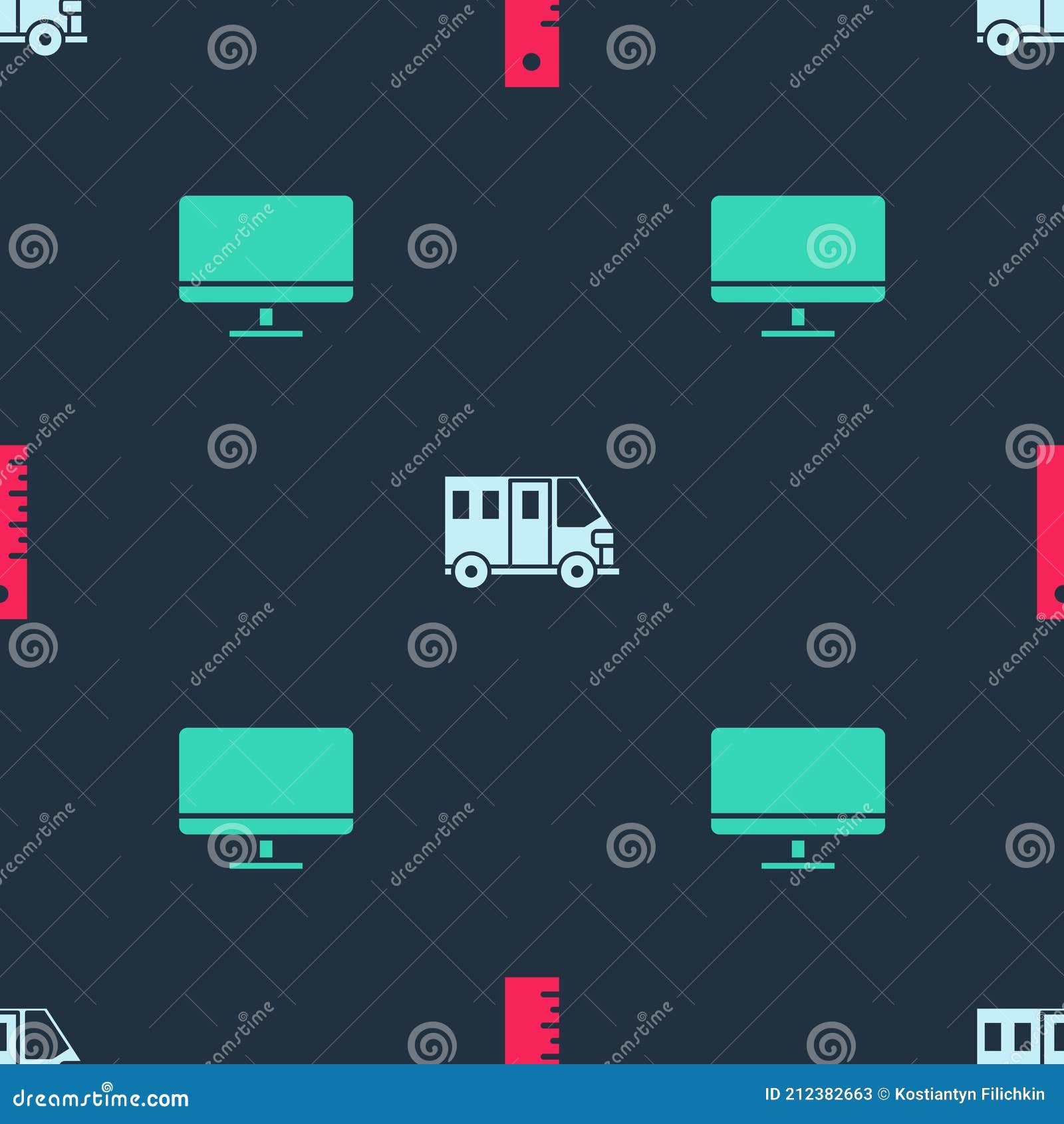 Set Ruler, School Bus and Computer Monitor Screen on Seamless Pattern ...