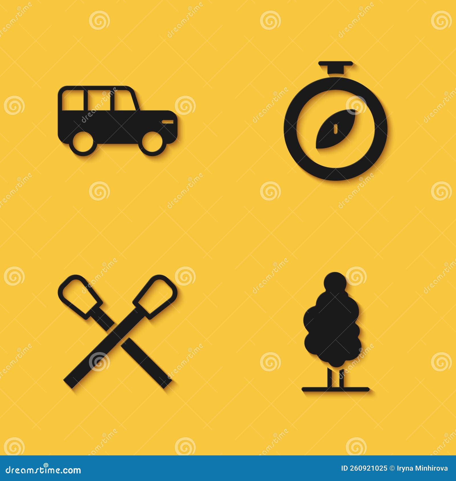 Set Safari Car, Tree, Burning Match with Fire and Compass Icon with ...