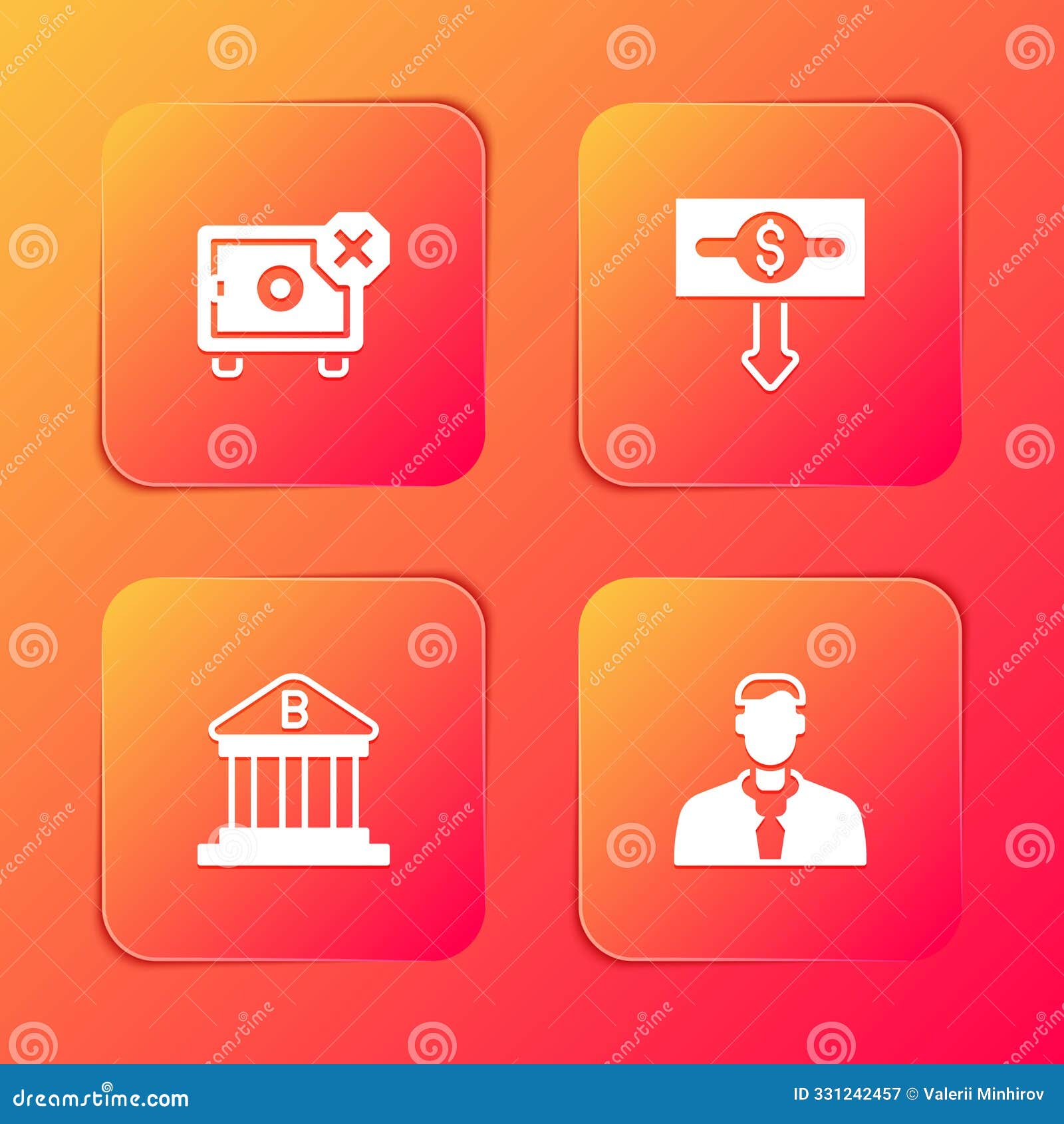 Set Safe, Dollar Rate Decrease, Bank Building and Worker Icon. Vector Stock Vector ...