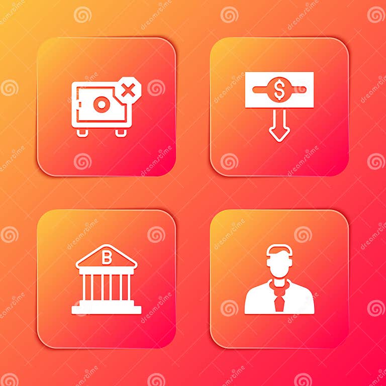 Set Safe, Dollar Rate Decrease, Bank Building and Worker Icon. Vector Stock Vector ...
