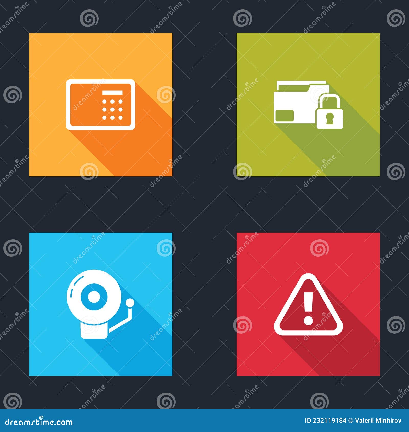Set Safe, Folder and Lock, Ringing Alarm Bell and Exclamation Mark ...