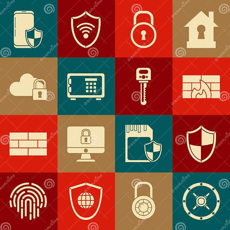 Set Safe, Shield, Firewall, Security Wall, Lock, Cloud Computing Lock, Smartphone with Shield ...