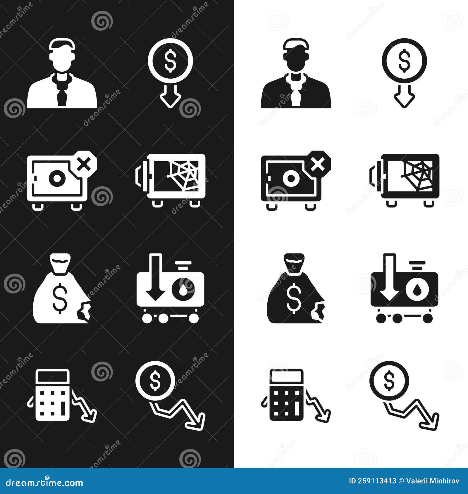 Set Safe, Worker, Dollar Rate Decrease, Money Bag, Drop in Crude Oil Price, and Calculation of ...