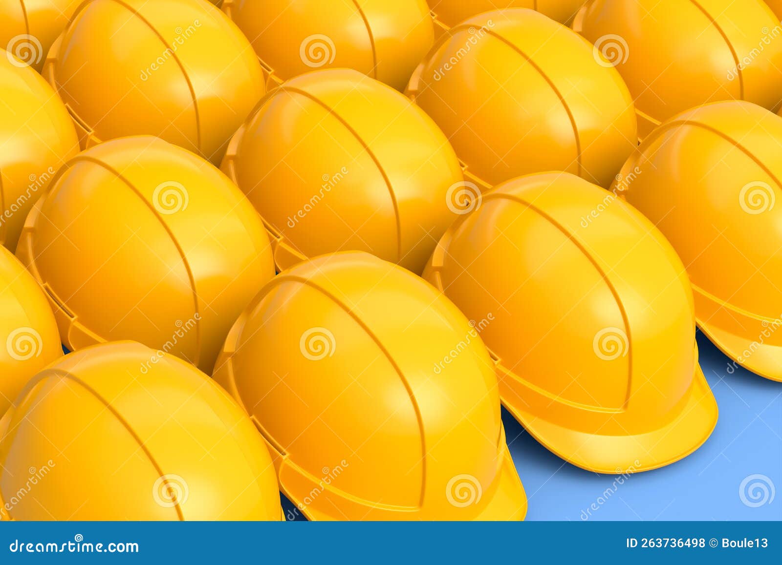 Set of Safety Helmets or Hard Caps for Carpentry Work in Row on Blue ...