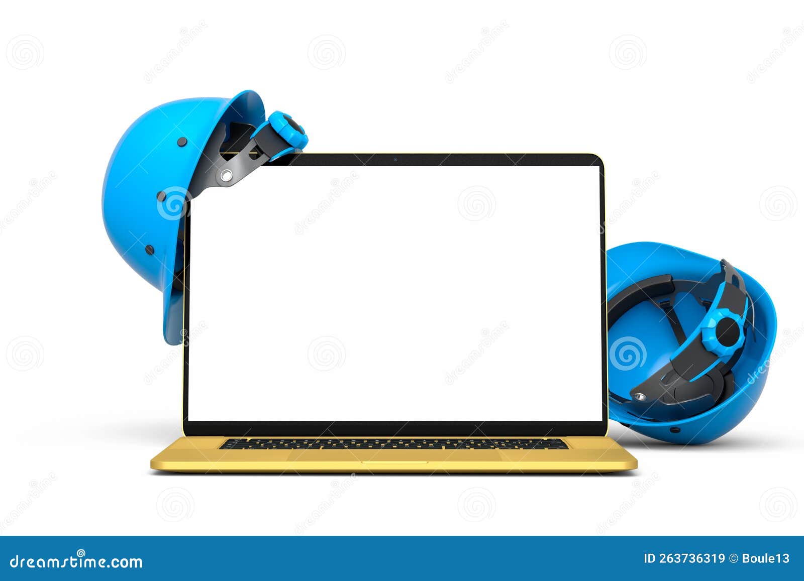 Set of Safety Helmets or Hard Caps and Laptop on White Background Stock ...