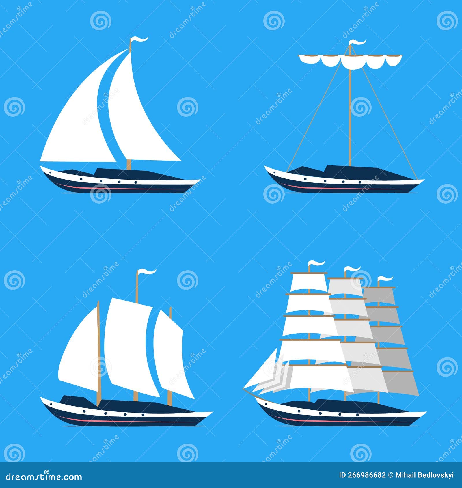 Set of Sailboats with Lowered and Raised Sails Stock Vector ...