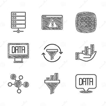 Set Sales Funnel with Chart, Data Analysis, Pie Infographic, Mind Map, Binary Code and Server ...